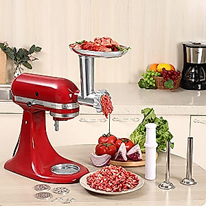 LOCULL Metal Food Grinder Attachment for KitchenAid Stand Mixers, Durable Food Grinder Attachment for KitchenAid, Accessories Includes Two Sausage Stuffer Tubes, 3 Grinding Blades, Cleaning Brush