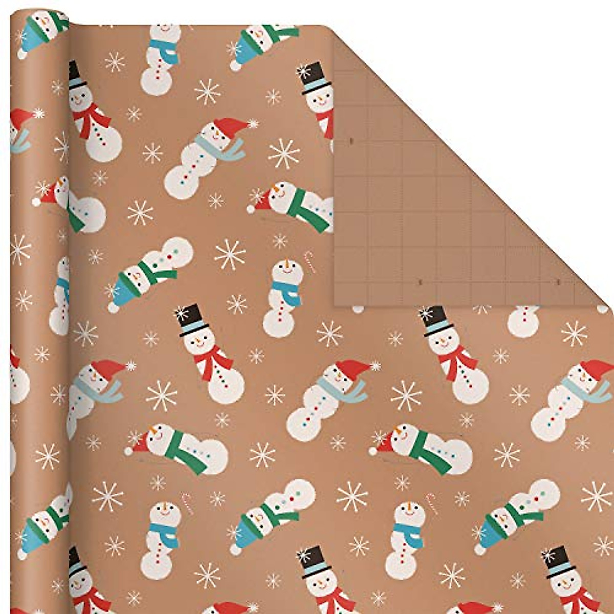 Hallmark Recyclable Kraft Christmas Wrapping Paper for Kids with Cut Lines on Reverse (4 Rolls: 88 sq. ft. ttl) Penguins, Santa, Snowmen, Polka Dots