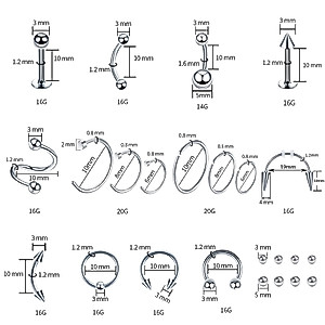 Tustrion 94PCS Mixed-pack Piercing Kits for All Body Piercings Stainless Steel 14G 16G 20G Jewelry and Needle with Tools Nose Septum Lip Ear Belly Button Cartilage Tragus