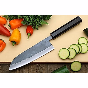 Yoshihiro Kurouchi Black-Forged Blue Steel Stainless Clad Santoku Multipurpose Knife Ebony Handle (6.5'' (165mm) & Saya)