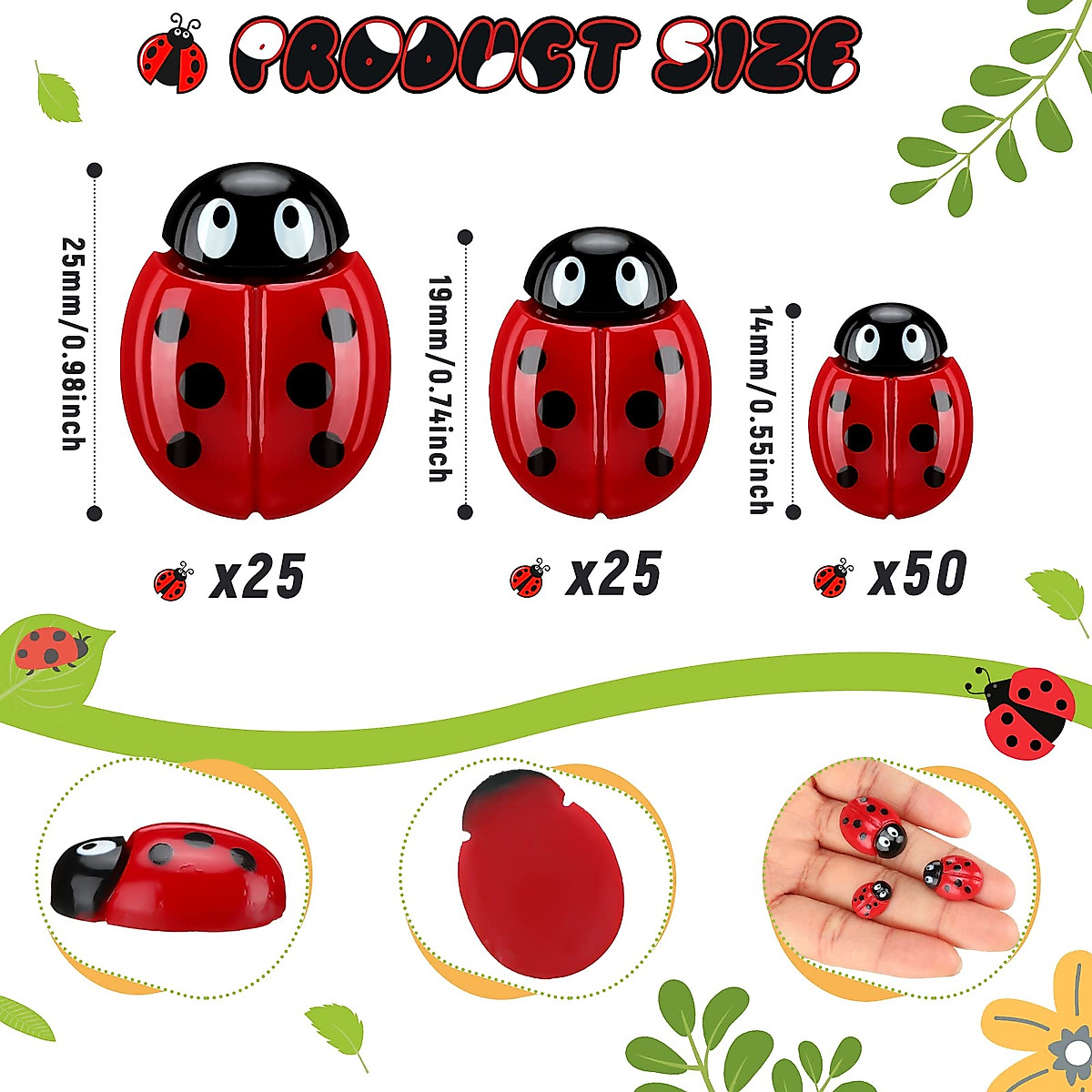100 Pieces Tiny Resin Ladybugs Decor 0.55''-0.98'' 3 Size Plastic Ladybugs Shaped Embellishments Craft Ornaments Charms for Party Wreath Home Decoration