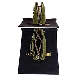 PRIMO SACCHI Ladies Italian Suede Leather Small Micro Olive Green Crossbody Shoulder Bag Handbag Purse