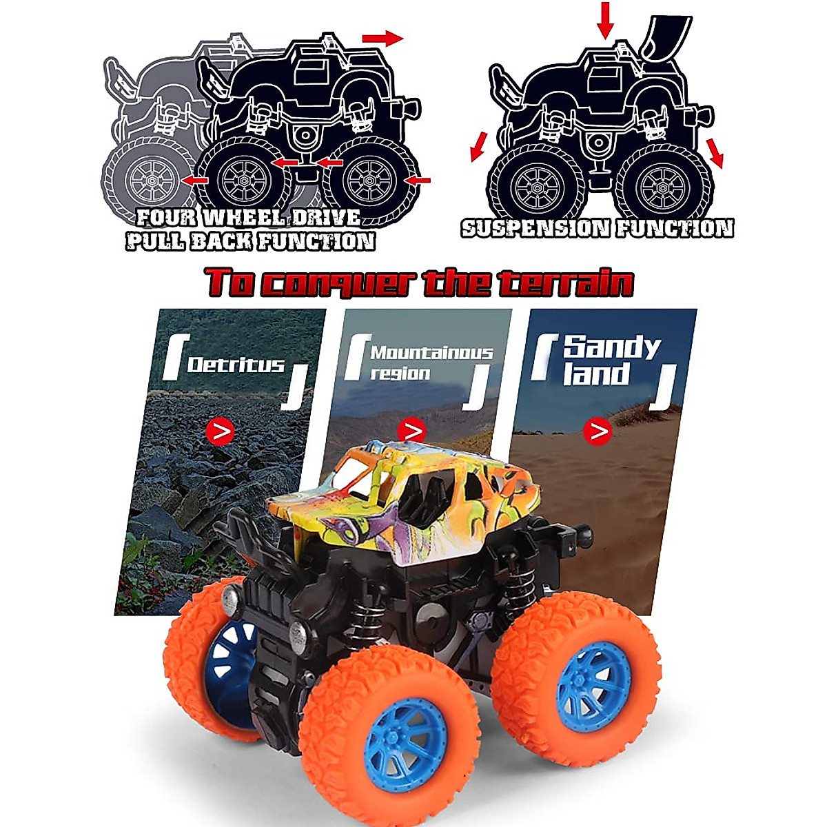 Chdutoys Chudutoys Monster Trucks for Boys Toy Cross Country Inertia Car Stunt Push Toys 3 4 5 Year Old Children Boy Girl Birthday Gift Pcs Car, 3.35x3.55x3.15