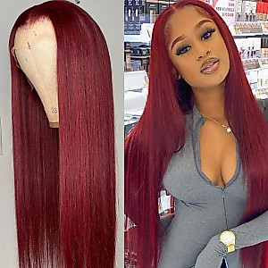 ANITA STYLE #99J Burgundy Lace Front Wigs Long Straight T Part Hair Wigs Wine Red Heat Resistant Fiber Hair Synthetic Lace Front Wigs With Natural Hairline (Burgundy)