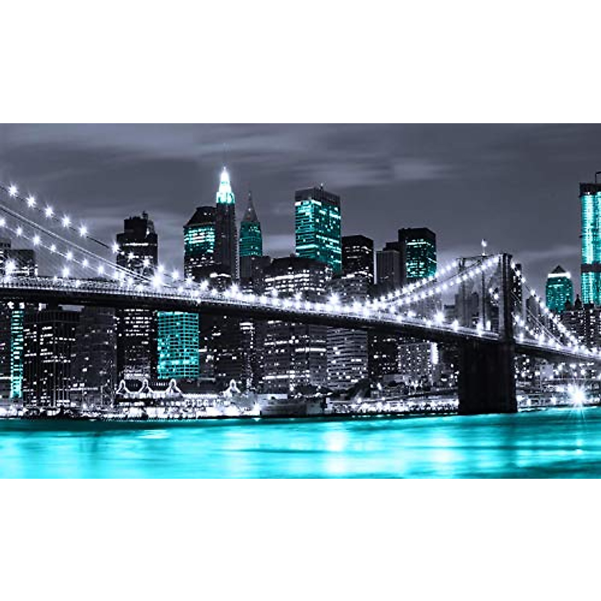 Visual Art Decor Black White and Teal Blue New York Brooklyn Bridge Cityscape Night Building Skyline Picture Canvas Prints Wall Art for Modern Home Office Bedroom Decoration