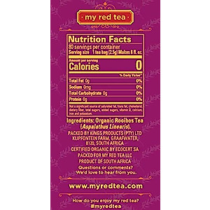 Rooibos Tea, USDA Certified Organic Tea, MY RED TEA. Tagless South African, 100% Pure, Single Origin, Natural, Farmer Friendly, GMO and Caffeine Free (80)