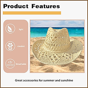 Zuhekti Straw Cowboy Hats for Women Sparkly Western Cowgirl Hat for Holiday Party Foldable Vacation Beach Sun Hat with Wide Brim,Beige