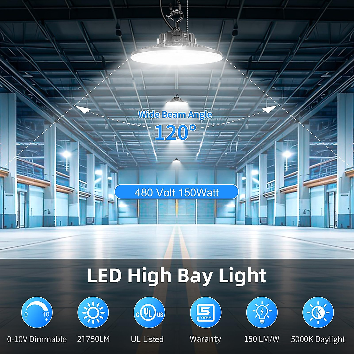 9 Pack 480V UFO LED High Bay Light 150W 100W 80W Adjustable UFO Lights 150 LM/W UL/DLC Listed Dimmable High Bay LED Light 5000K Daylight IP65 Waterproof Commercial Bay Lighting for Factory Warehouse