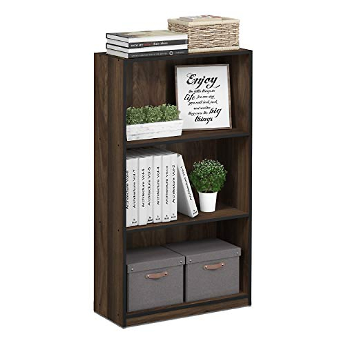 FURINNO Basic 3-Tier Bookcase Storage Shelves, Columbia Walnut