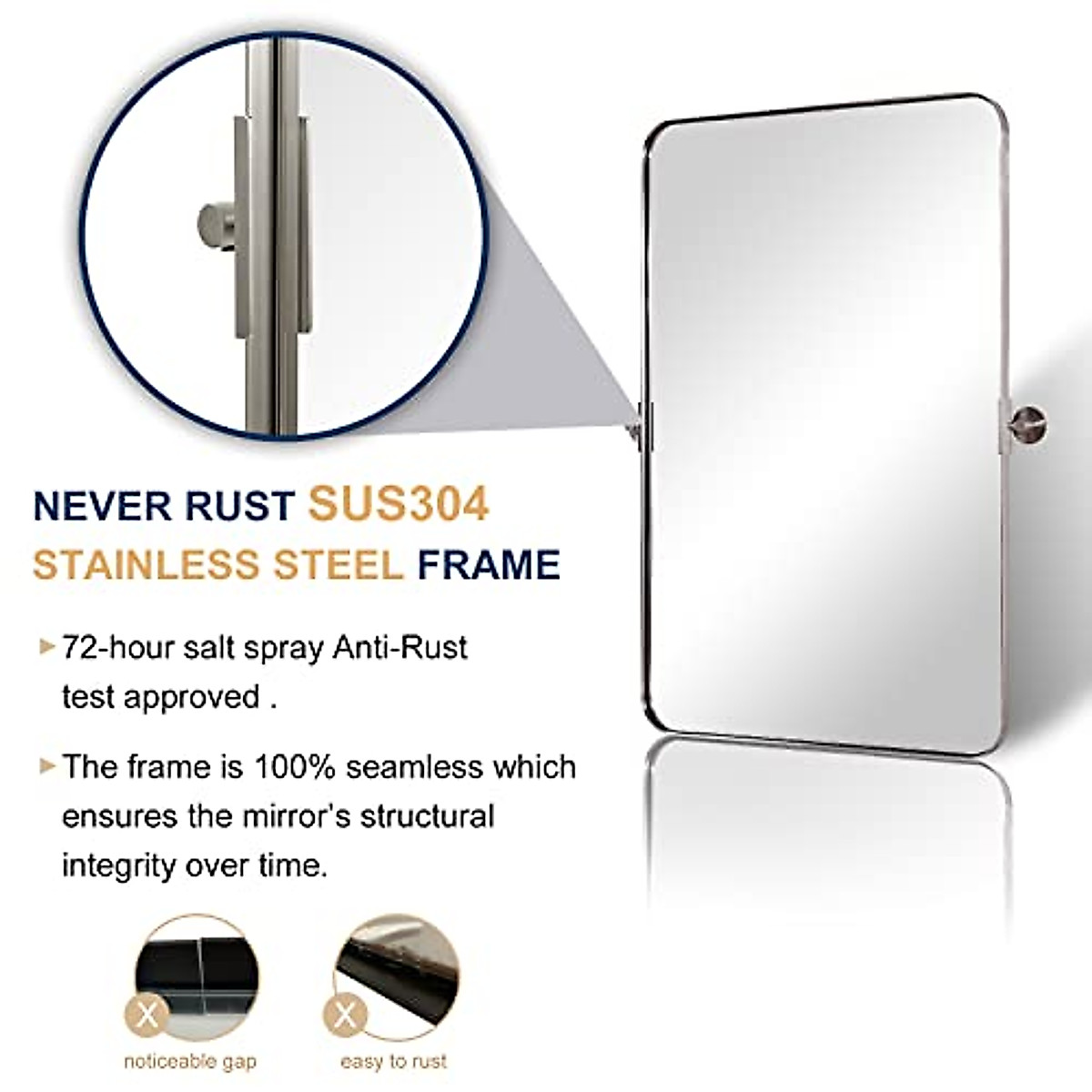 ANDY STAR 22"x34" Brushed Nickel Pivot Mirror for Bathroom, Silver Metal Frame Bathroom Mirrors for Wall，Rectangle Titling Vanity Wall Mirror with Rounded Corner Design Hangs Vertically Only