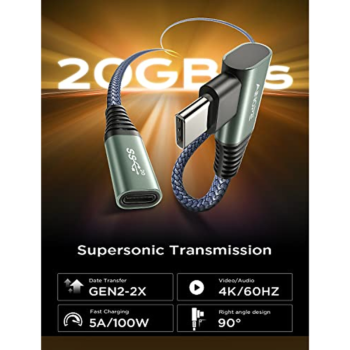 AINOPE USB C Extension Cable, (3.3Ft/1m/20Gbps) Right Angle USB 3.2 Type C Extension Nylon Braided 100W/5A Fast Charging Compatible with USB C Hub/Dell XPS/MacBook/iPad Pro/Magsafe Charger(Gray)