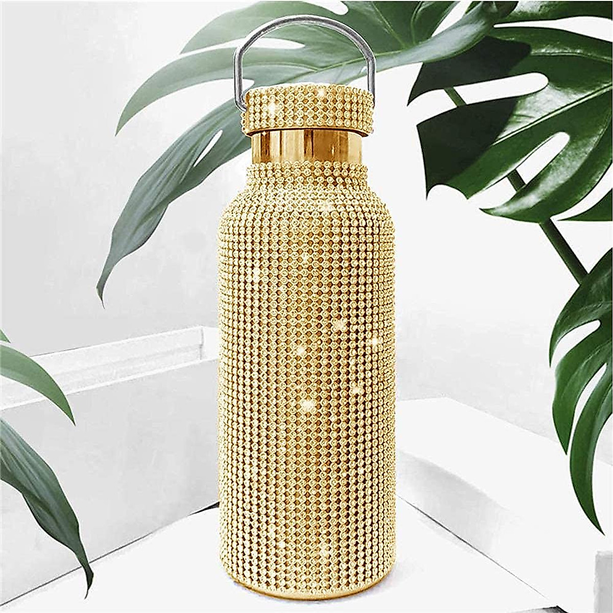 QIANSHENG Bling Diamond Water Bottle Sparkling Glitter Stainless Steel Thermos Bottle Vacuum Flask for Women Refillable Insulated Water Bottle with Chain & Gift Box (Gold,350ml)
