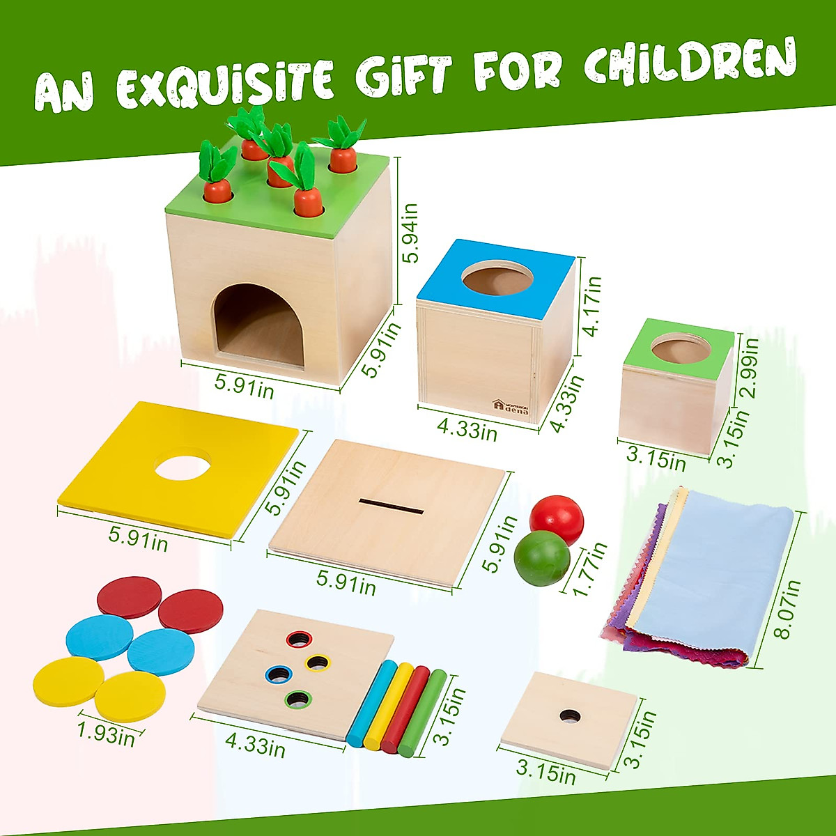 Adena Montessori 6 in 1 Play Kit Toy- 3 Nesting & Stacking Boxes, Object Permanence Drop Game, Coin Box, Carrot Harvest,Tissue Box,Sticks Matching Game for 6-12 Months 1 Year Old Toddlers 2 Year