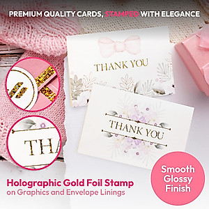 Only Zest Blank Thank You Cards with Envelopes Bulk, 50 Pack Elegant Baby Shower Thank You Cards with Stickers- Baby Girl Thank You Notes for Baptism, Birthday, Bridal Shower