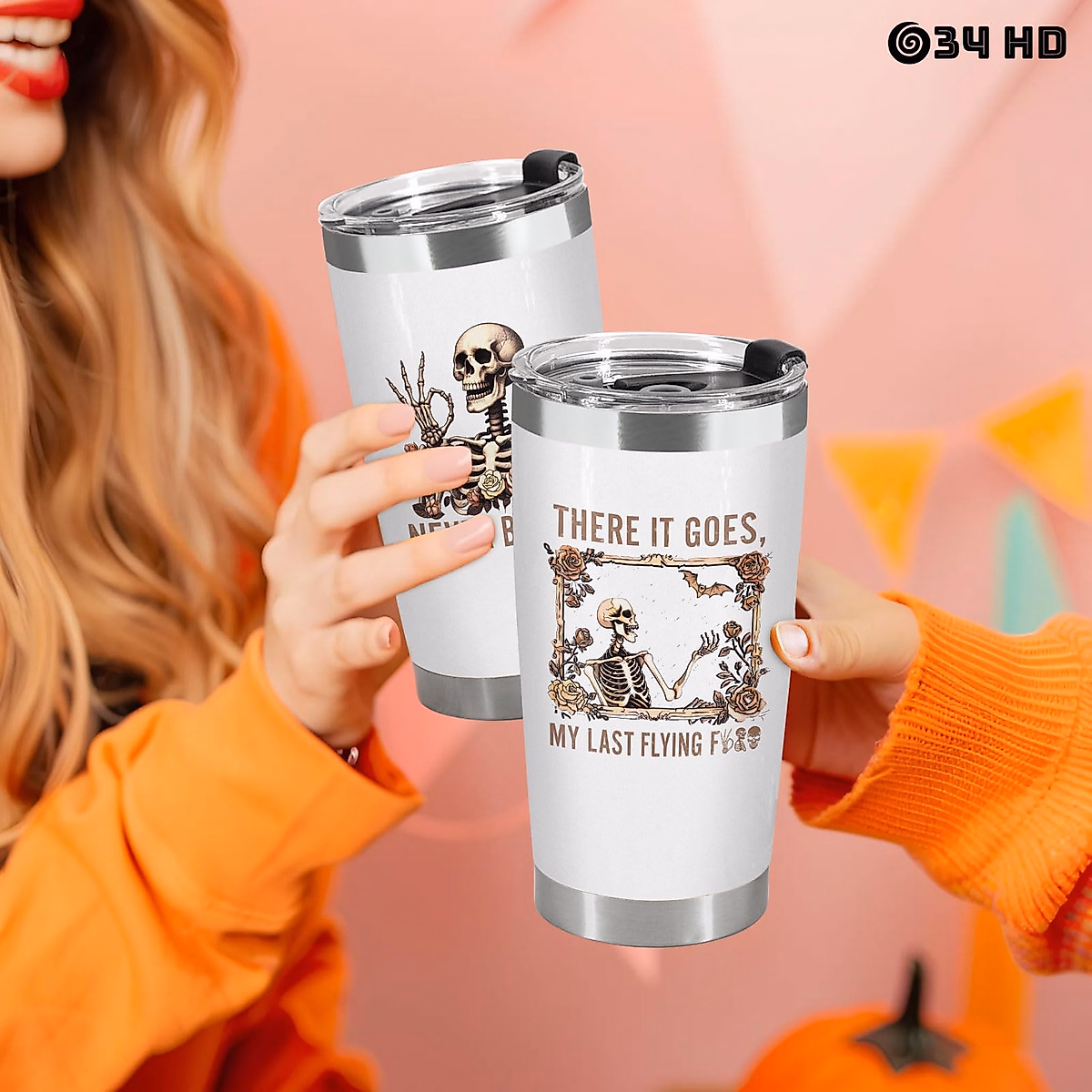 34HD Christmas Halloween Gifts, Skeleton Tumbler with Lid 20oz, Horror Coffee Mug, Skeleton Cup, Skull Travel Mug, Sarcasm Horror Christmas Gifts for Women