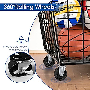 Mythinglogic Rolling Sports Ball Storage Cart, Sports Lockable Ball Storage Locker with Elastic Straps, Stackable Ball Cage for Garage Storage Garage Organizer (Large Set)