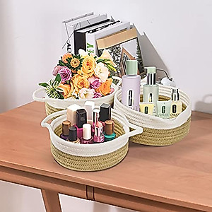 Voilamart Cotton Rope Basket Set of 5,Rope Basket with Handles,Woven Storage Basket,White and Jute Decorative Toy Baskets Set for Baby toys,Makeup