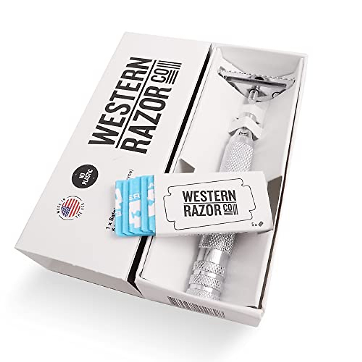 Western Razor Premium Safety Razor, MADE IN USA, with 5 Refill Blades, Chrome