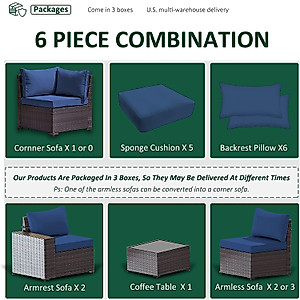 RTDTD Outdoor Patio Furniture Set, 6 Pieces Outdoor Furniture All Weather Patio Sectional Sofa PE Wicker Modular Conversation Sets with Coffee Table,5 Chairs & Seat Clips Dark Blue