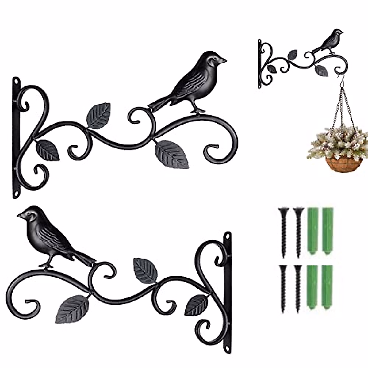 2 Packs 12.2’’ Black Hanging Plants Bracket Wall Mounted Hangers, Heavy Duty Wrought Iron Rustic Hook for Hanging Flower Pots Baskets Bird Feeder Wind Chime Fence Lanterns Outdoor Indoor Lawn Garden