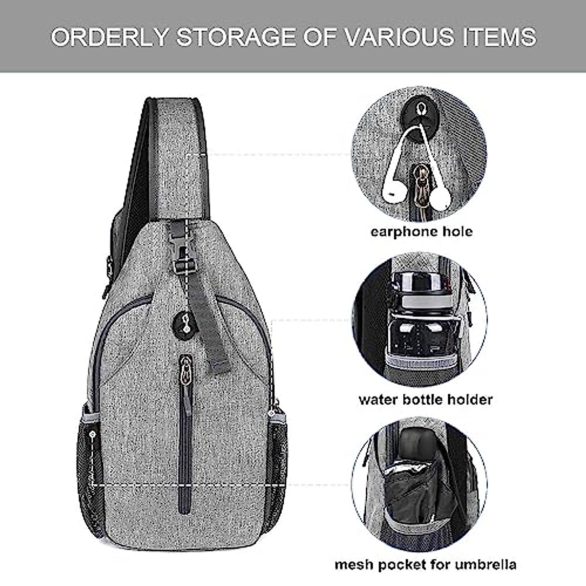 Yaopeing Sling Backpack for Men,Large Capacity Multipurpose Crossbody Chest Bag for Hiking Walking Travel,Grey