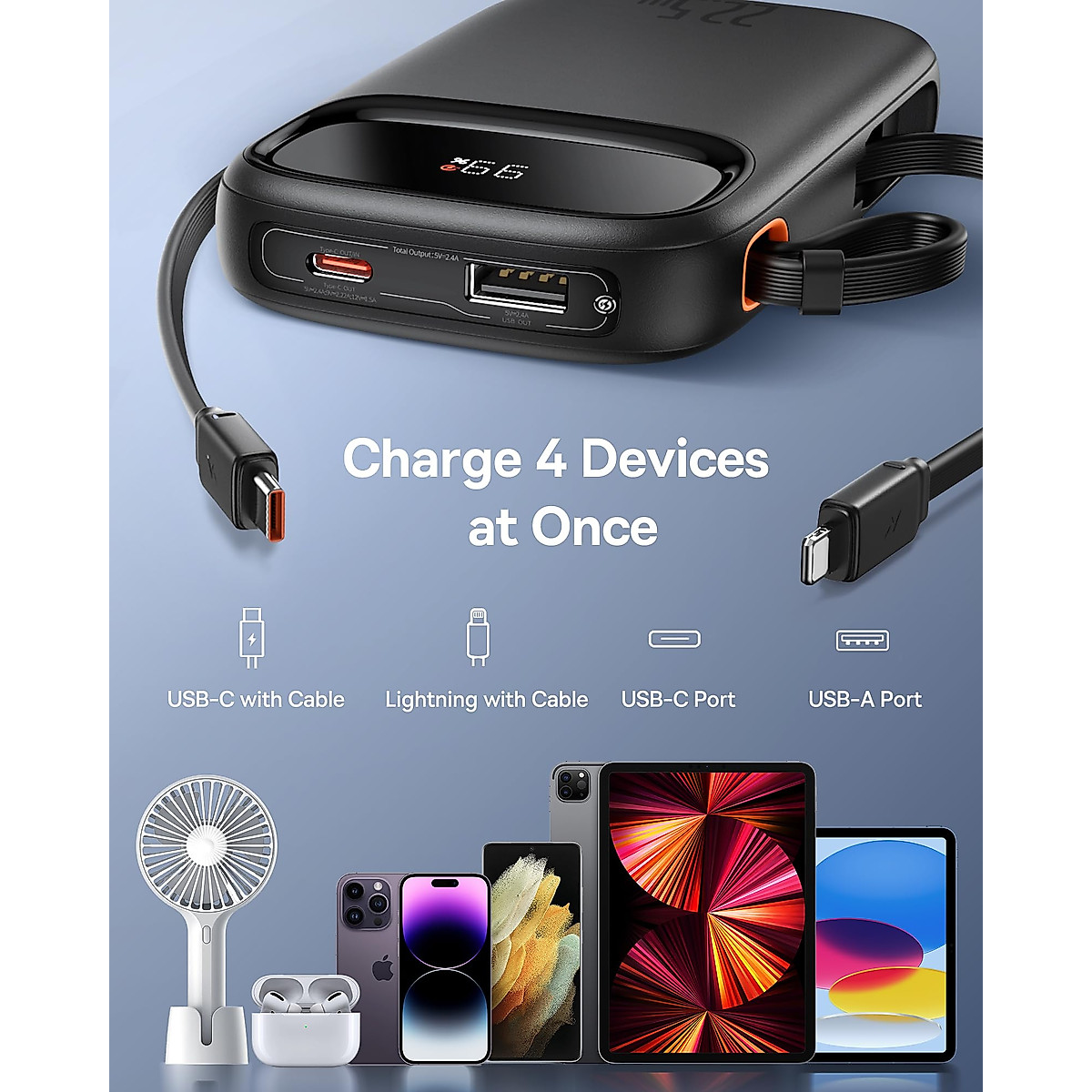 Baseus Portable Charger Power Bank,22.5W 10000mAh Fast Charging Portable Phone Charger with Built in USB-C and iOS Output Cable, LED Display Portable Battery Pack for iPhone iPad Android Samsung