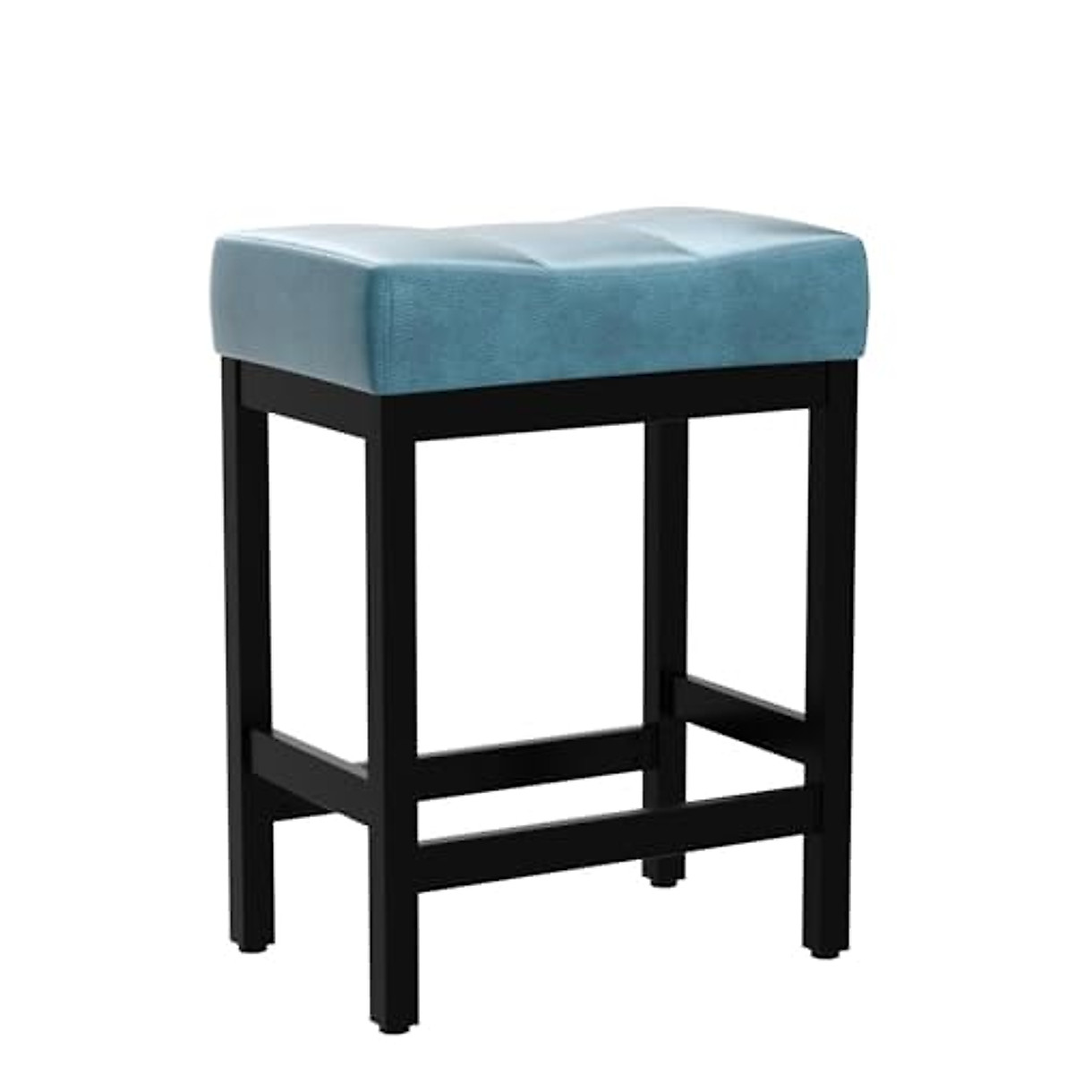 KATDANS Bar Stools Set of 2, 24" Counter Height Saddle Bar Stools, Upholstered PU Leather Bar Stools for Kitchen Island, Mid Century Modern Backless Barstools with Metal Base, KS861P-Teal, 2Pcs