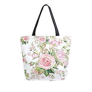 ALAZA Pink Rose Flower Large Canvas Tote Bag Floral Shopping Shoulder Handbag with Small Zippered Pocket