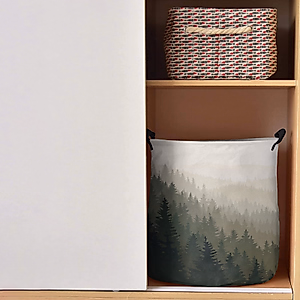 LiDU 17-inch Laundry Hamper Foldable Laundry Basket, Fog in Forest Waterproof Clothes Hamper for Bathroom Bedroom Living Room, Fogforest Army Green Toy Baskets for Dollhouse, 16.5inDx17inH