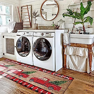 Christmas Kitchen Rugs, Xmas Tree Red Truck Kitchen Rug, Kitchen Mat Kitchen Gadgets, Kitchen Mats for Floor, Runner Rug for Laundry Room Decor, Kitchen Organization Floor Mats, 2pc Kitchen Runner Rug