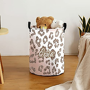 Pink Rose Leopard Print Personalized Foldable Freestanding Laundry Basket Clothes Hamper with Handle, Custom Collapsible Storage Bin for Toys Bathroom Laundry