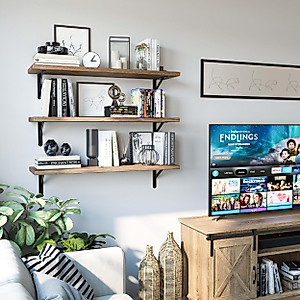 Wallniture Forme 36 inch Long x10 in Deep Rustic Floating Shelves for Wall Storage, Wall Bookshelf Living Room, Wall Shelves for Kitchen, Pantry Shelf Wood Set of 3, Burnt