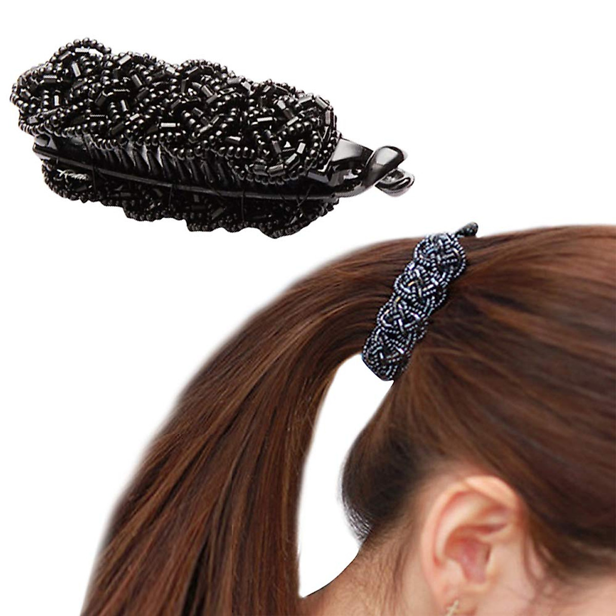 Handmade Braid Crystal String Beads Twist Banana Hair Clip Ponytail Holder Black or Blue Hair Clips No Slip Grip Comb Clamp Hair Grip Hairpins Hair Styling,2 Pack (Black)