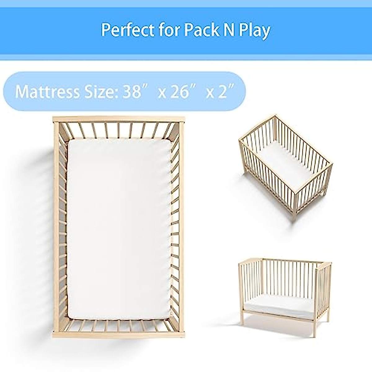 Aurogsky Waterproof Pack and Play Mattress, Travel Pack n Play Mattresses, Memory Foam Playpen Mattress with Removable Zippered Cover, Odorless Playard Mattress, 38"(L) x26-(W) x2(H)