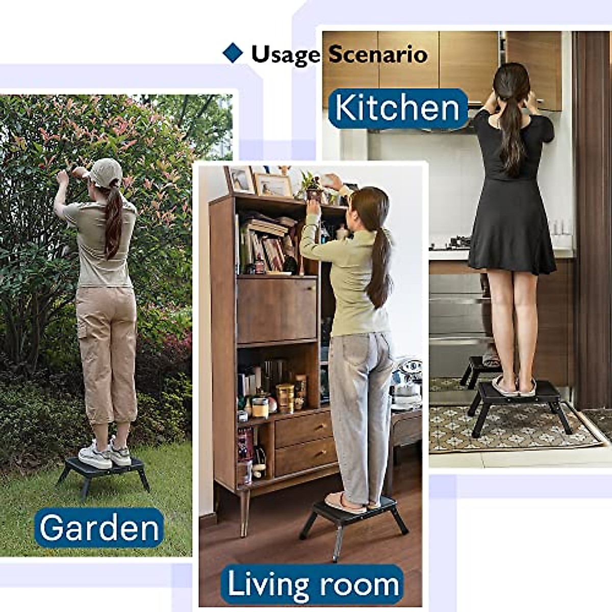 BONTEC One Step Stool, Portable Folding Metal 1-Step Steel Ladder Stool, 330lbs Capacity Foldable Wide Single Black Foot Stool for Adults or Children in Kitchen Toilet RV Camping Office