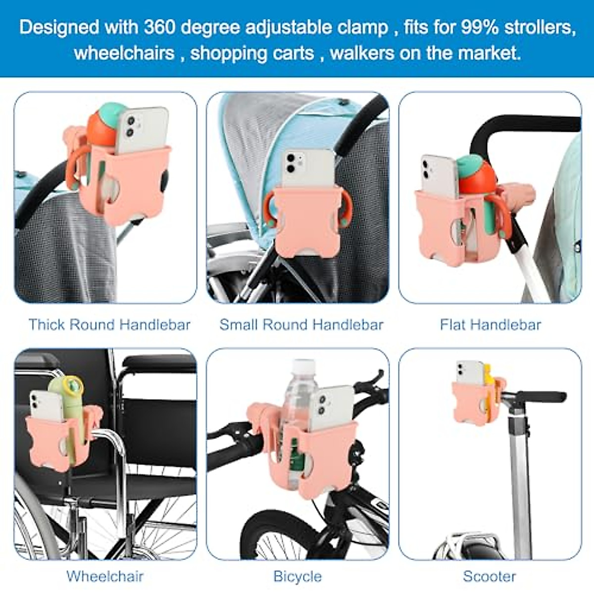 Accmor 2-in-1 Stroller Cup Holder, Universal Cup Holder for Uppababy Nuna Doona Strollers, 360° Rotatable Large Caliber Drinks Holder Cup Holder for Stroller, Bike, Wheelchair, Walker, Scooter