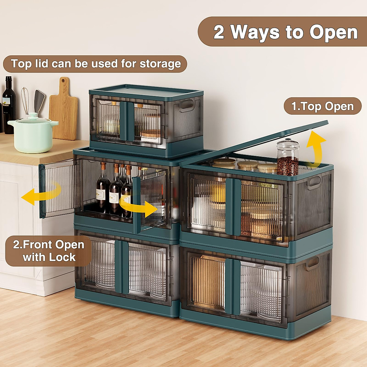 BROVIEW V6 Storage Bins with Lids, 102 QT Stackable Storage Bins with Wheels, Collapsible Storage Bins with Doors, Folding Storage Cabinets for Closet, Home Office Dorm Organizer Essential, Green