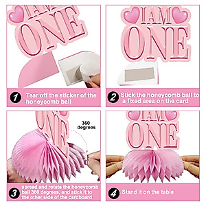 8Pcs 1st Birthday Decorations Honeycomb Centerpieces for Baby Girls, Pink Rose Gold I Am One Happy First Birthday Table Centerpieces Party Supplies, One Year Old Bday Table Toppers Decor