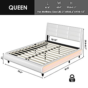 HOSTACK Queen Size Upholstered Bed Frame with Smart LED, PU Low Profile Sleigh Platform Bed with Adjustable Headboard, Modern Mattress Foundation with Wood Slats, Lights Sync With Music (White, Queen)