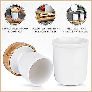 French Butter Crock for Countertop - Farmhouse Style Ceramic Butter Keeper w/Wooden Lid - White French Butter Dish with Water for Fresh & Spreadable Butter