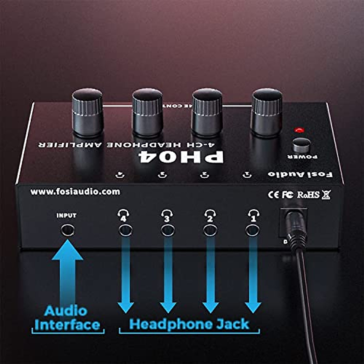 Fosi Audio PH04 4 Channel Headphone Amplifier Stereo Audio Amp with 12V 1.5A Power Adapter Ultra-Compact Portable Headphone Splitter for Studio and Stage