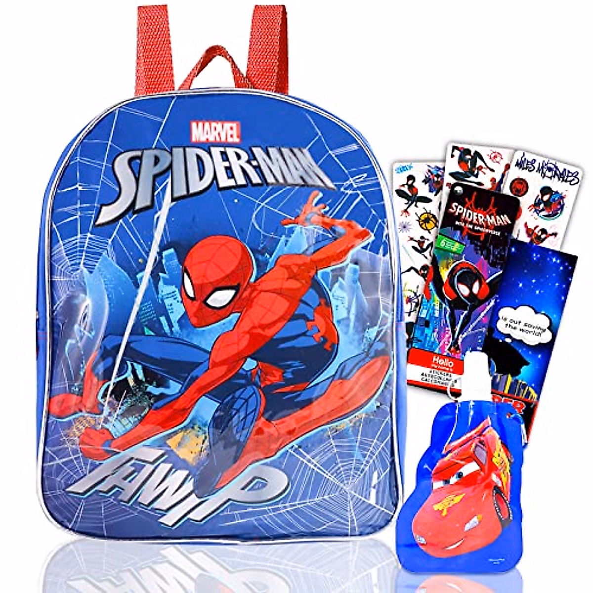 Marvel Spiderman Backpack for Kids School - Bundle with Ultimate Spiderman Backpack, Water Pouch, Spiderverse Stickers and More (Superhero Backpacks for Boys)