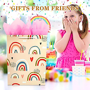 Gift Bag for Girls, Birthday Large Gift Bag Bulk Set Included 2 Pack Paper Gift Bags with Tissue Paper, Rainbow Gift Bags for Kids, Baby, The Colorful Pink Red Gift Bags with Handles, The Pretty Present Bag Gift Bags for Birthday, Party, Baby Shower (12.5