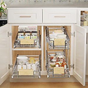 LOVMOR 2 Tier Pull Out Cabinet Organizer 10½" W x 21½" D, Slide Out Drawers with Wooden Handle, Sliding Shelves Organization and Storage for Kitchen, Pantry