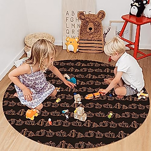 LIFEMUSION Thanksgiving Fall Round Area Rugs, Autumn Orange Pumpkin Classic Black Non-Skid Children Playing Mat, 3ft Soft Circle Farmhouse Rugs for Living Room, Bedroom, Dining Room