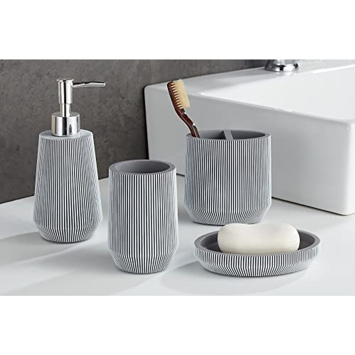 Roselli Trading Company 4pc - Commodore Stripes Bathroom Accessory Set - Toothbrush Holder, Tumbler, Soap Dish, and Lotion Pump Ba Gray, White