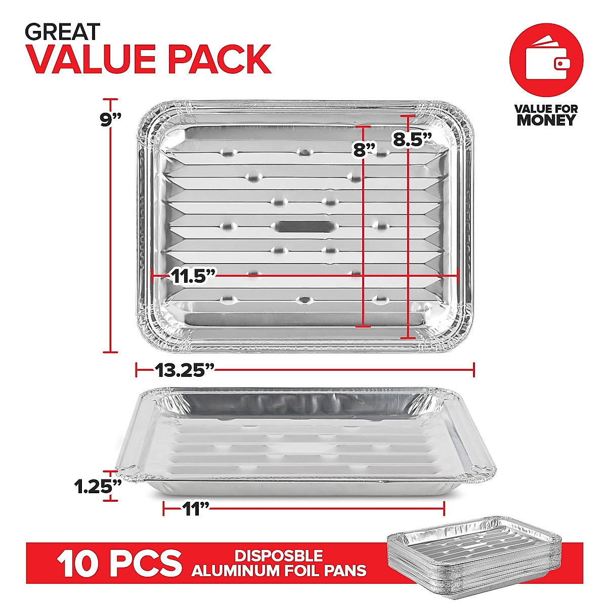 Stock Your Home Disposable Aluminum Foil Broiler Pan (10 Pack) for Oven - Durable Broiling Drip Trays with Ribbed Bottom Surface for BBQ Grill-Like Texture - 13x9 Inch Pans