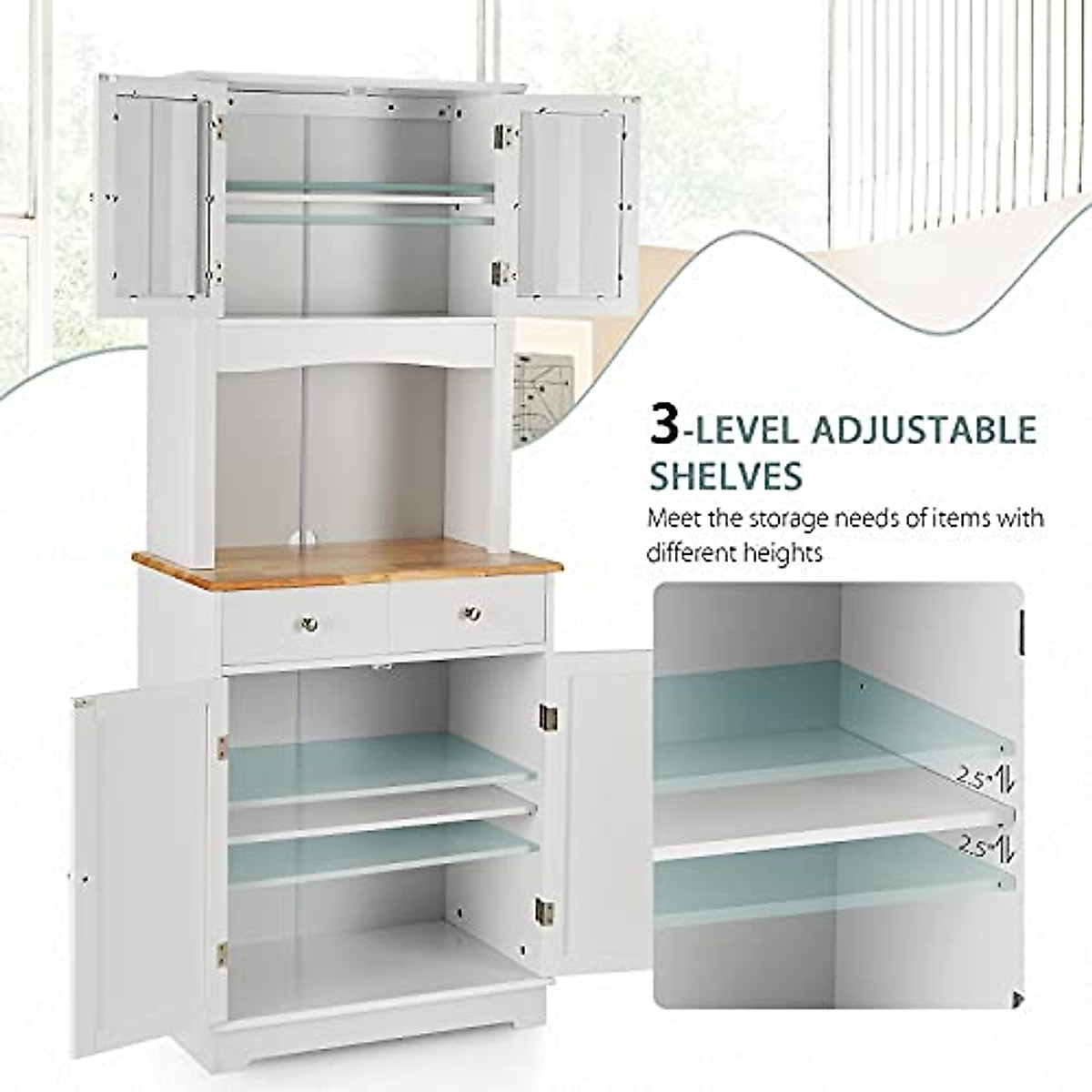 Giantex Kitchen Pantry, 67" Buffet Hutch Cabinet with 2 Storage Cabinets and Drawers, Wood Sideboard Cupboard with Countertop & Cable Hole, Freestanding Microwave Stand with Storage, White