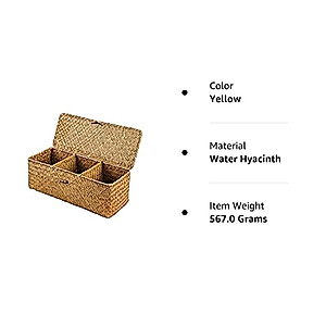 3 Grids Hand-Woven Water Hyacinth Baskets With Lid, Straw Storage Basket