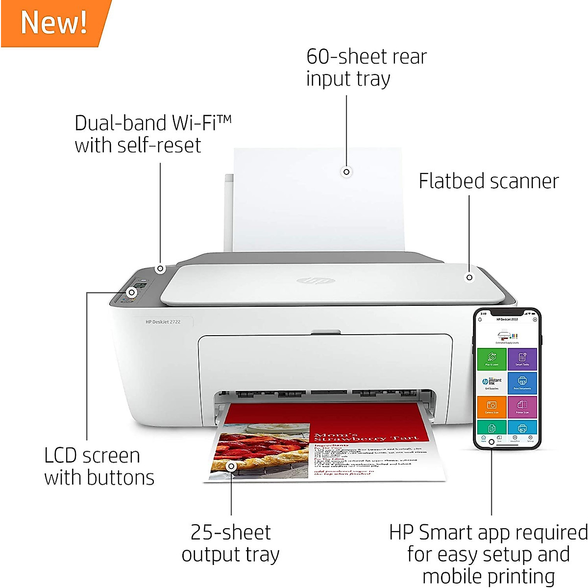 HP DeskJet 27 22 All-in-One Wireless Color Inkjet Printer, White - Print, Scan, Copy - 1200 x 1200 dpi, Flatbed Scanner, Icon LCD Display, WiFi, Bluetooth, USB Connectivity, CBMOUN Printer Cable